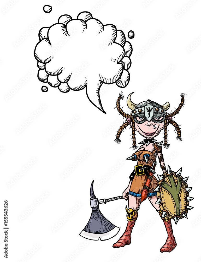 Cartoon image of female viking. An artistic freehand picture. With ...
