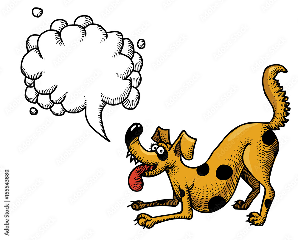 Cartoon image of happy dog. An artistic freehand picture. With speech ...