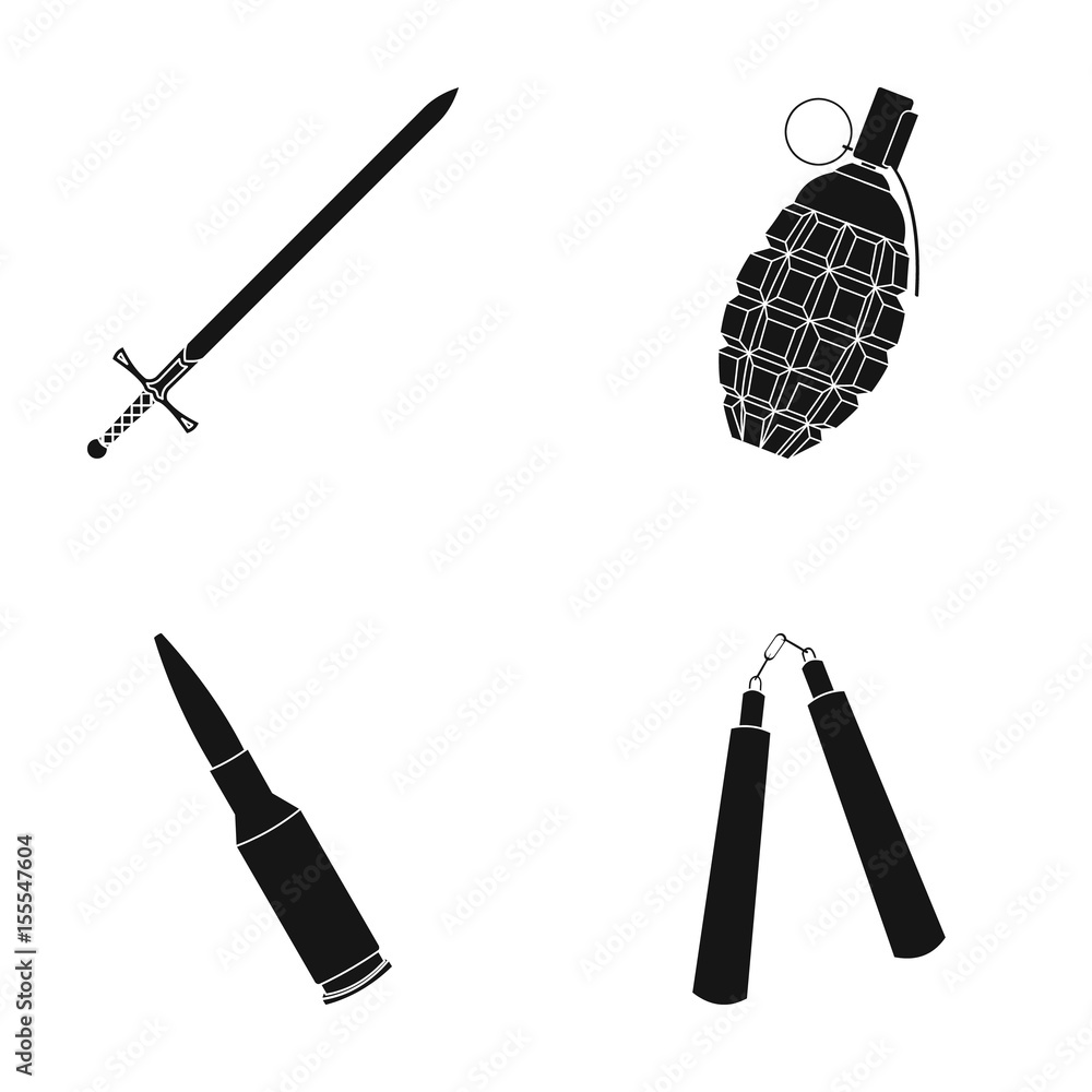 Sword, hand grenade, cartridge, nunchaki. Weapons set collection icons ...