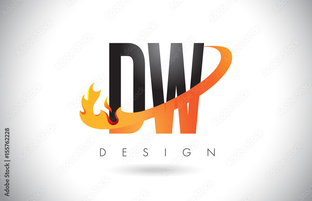 DW D W Letter Logo with Fire Flames Design and Orange Swoosh. Stock ...