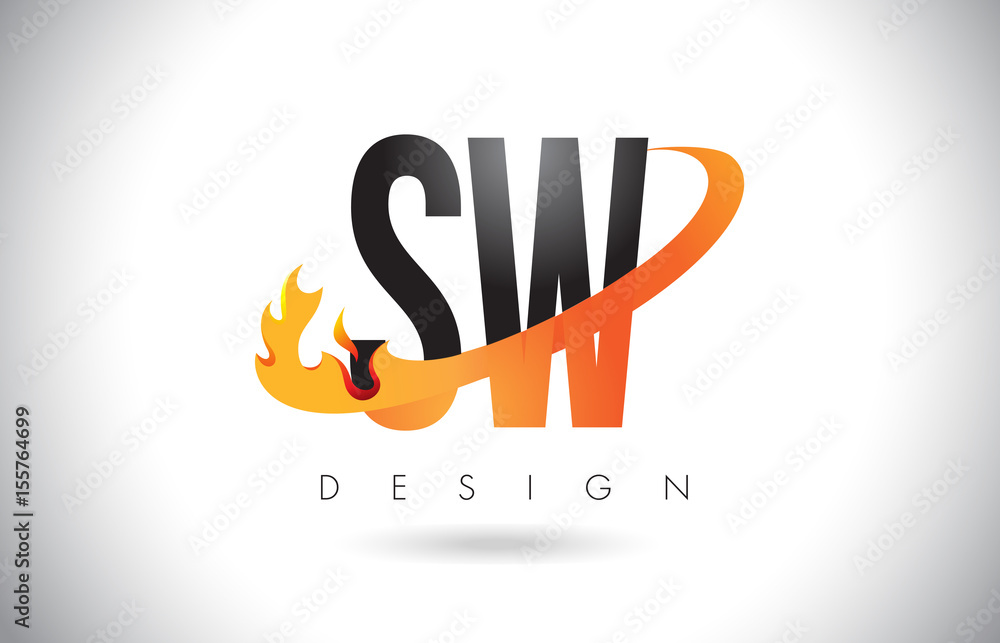 SW S W Letter Logo with Fire Flames Design and Orange Swoosh. Stock ...
