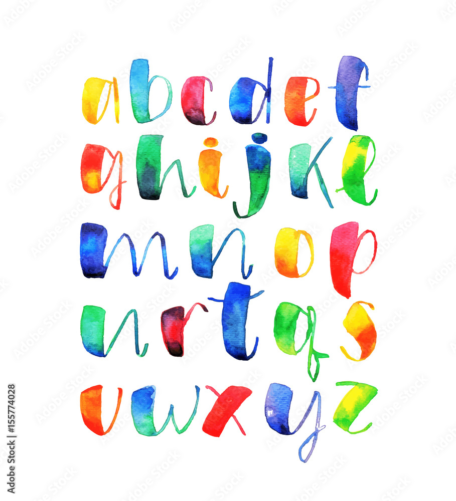 Hand drawn alphabet written with brush pen in bright colors. Cursive ...