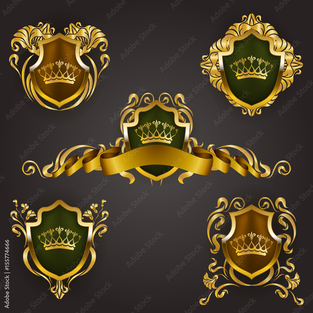 Set of golden royal shields with floral elements, ribbons, laurel ...