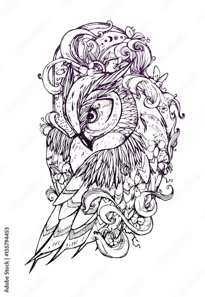 Beautiful illustration with owl. The owl inside ocean waves with sakura ...
