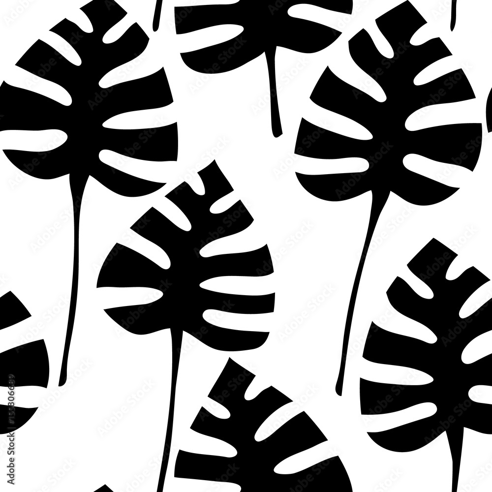 Black and white monstera plant leaves seamless pattern, vector Stock ...