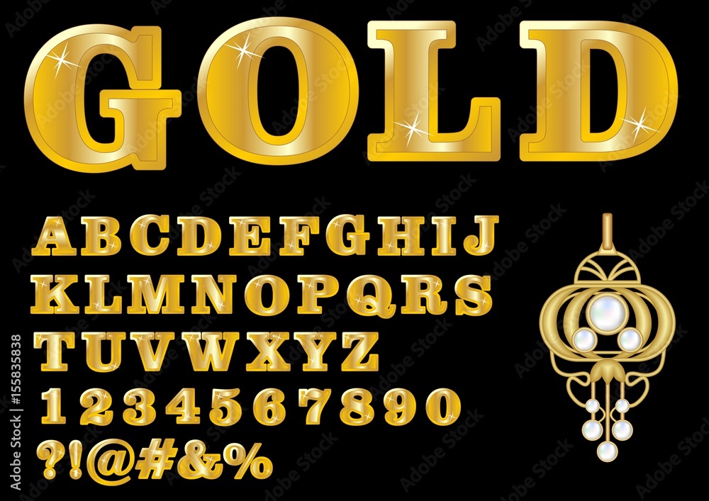 Alphabet in luxury gold design, uppercase letters, numbers, question ...