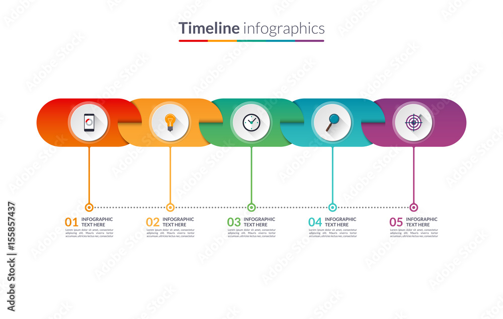 Timeline infographic template of rounded elements. Vector banner with 5 ...