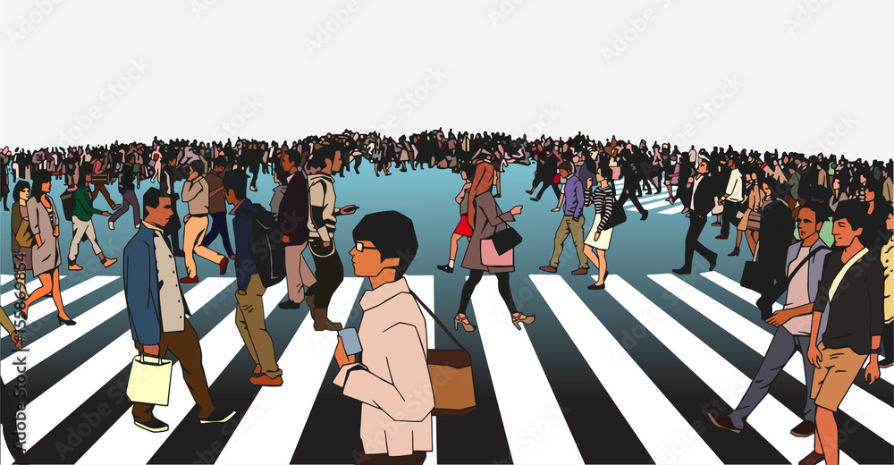Stylized illustration of busy street crossing with mixed ethnic crowd ...