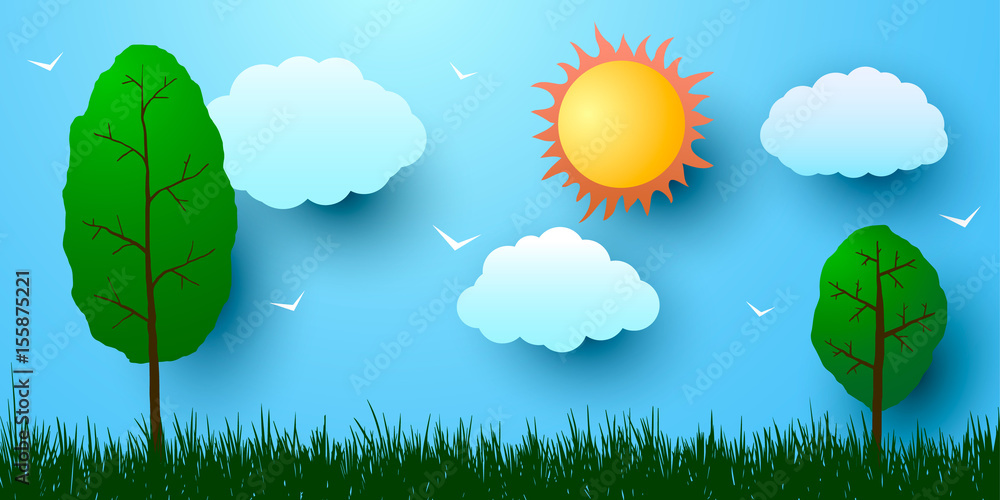 Summer cartoon landscape. Sun, clouds, birds, trees on green grass ...