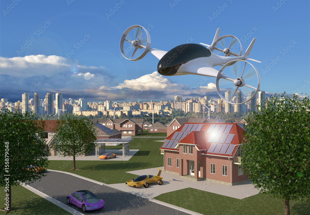 Personal Air Vehicle Flying Above A Solar Powered City, Flying Car Of ...