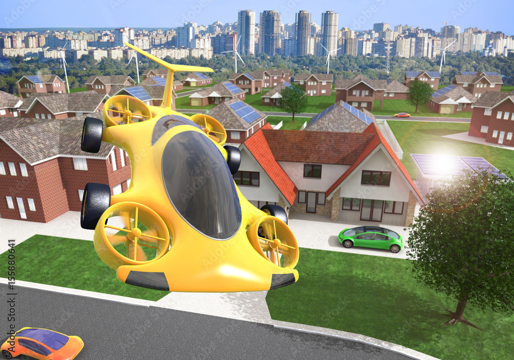 Personal Air Vehicle Flying Above A Solar Powered City, Flying Car Of ...