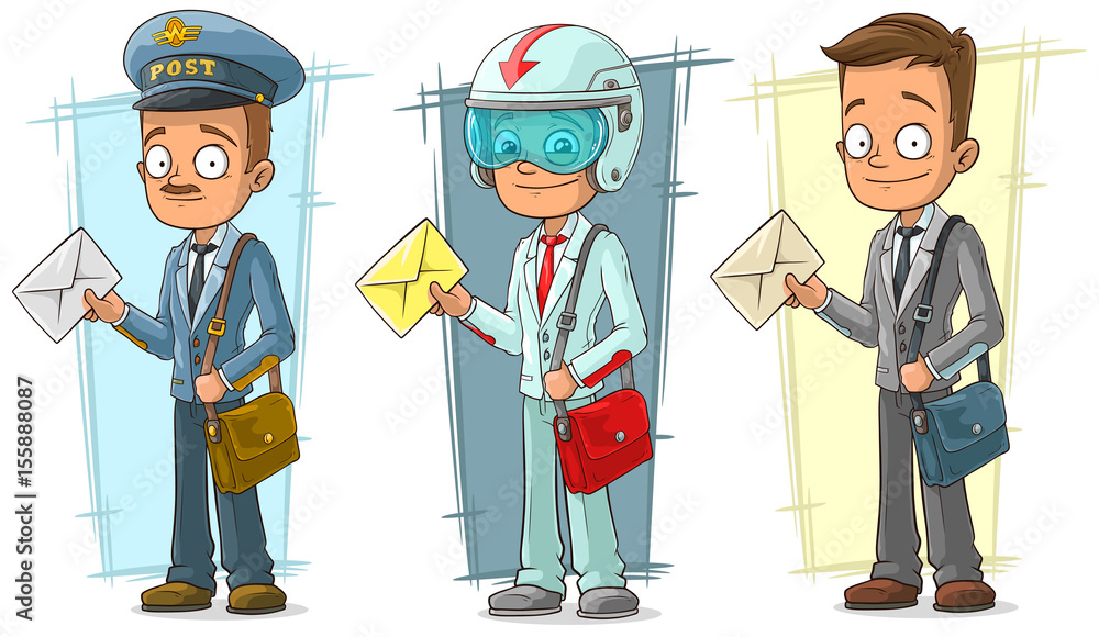 Cartoon postman with letter and bag character vector set Stock Vector ...