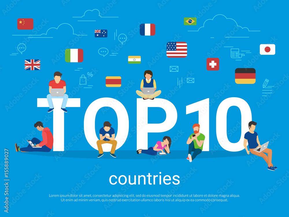 Top 10 countries flat concept illustration of young people using smart ...