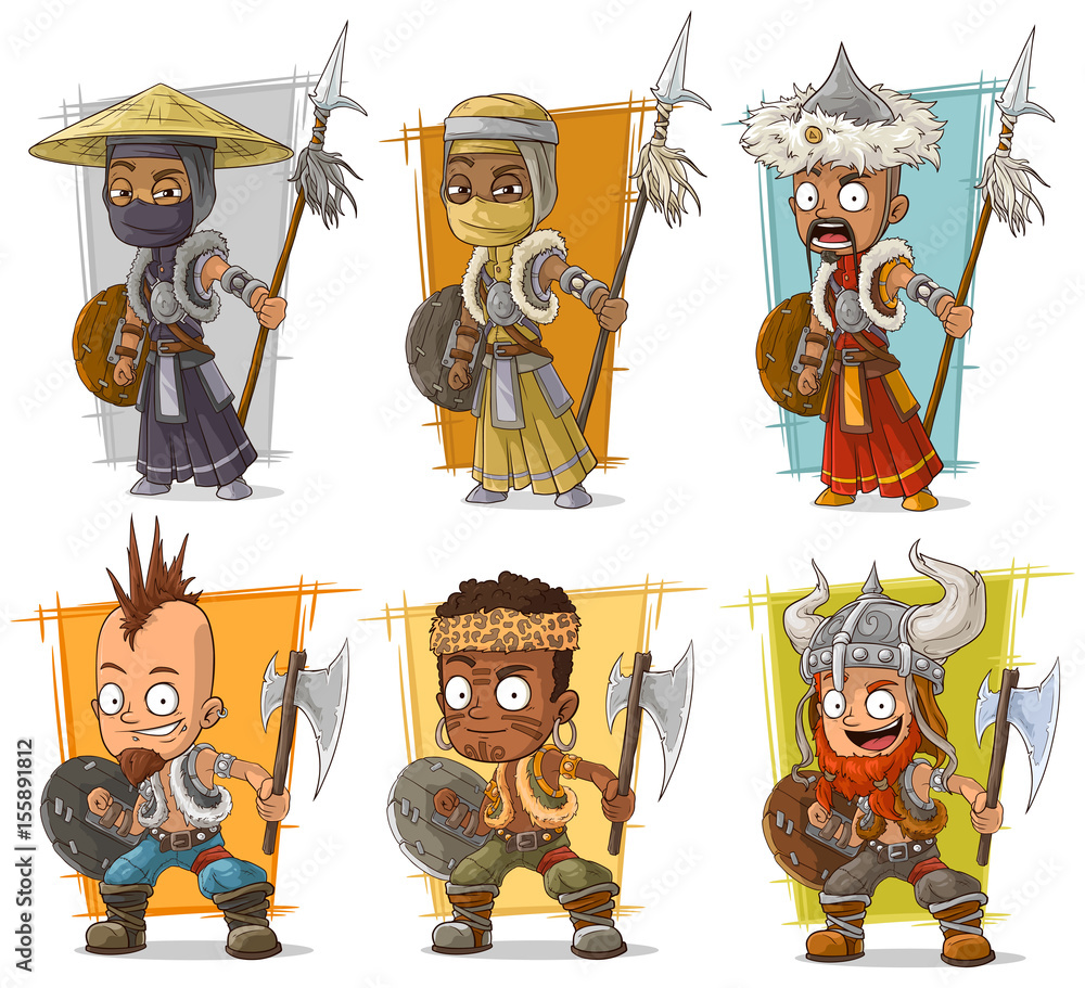 Cartoon cool warriors with shield and spear character vector set Stock ...