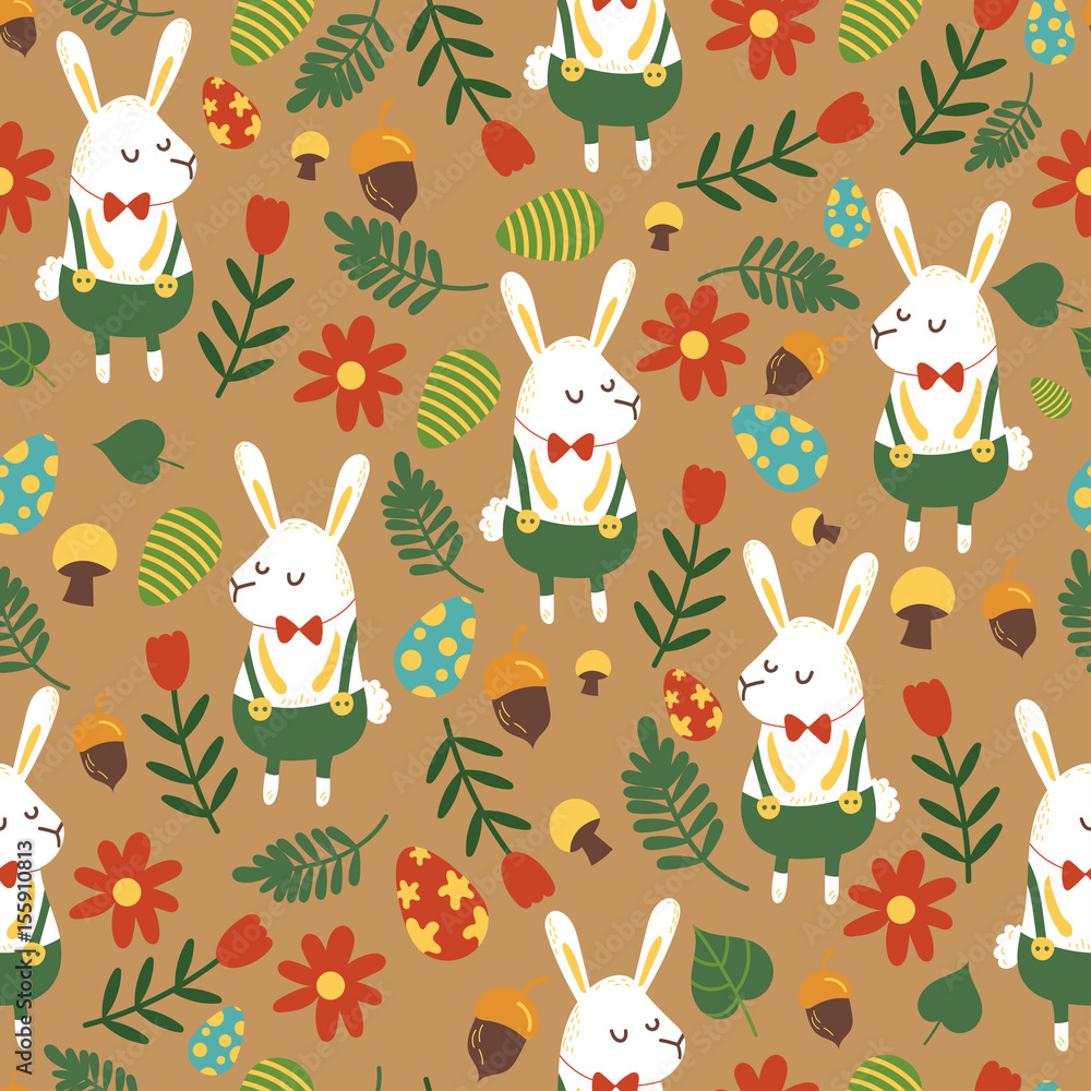 Seamless pattern for easter theme with cute cartoon bunny and flowers ...