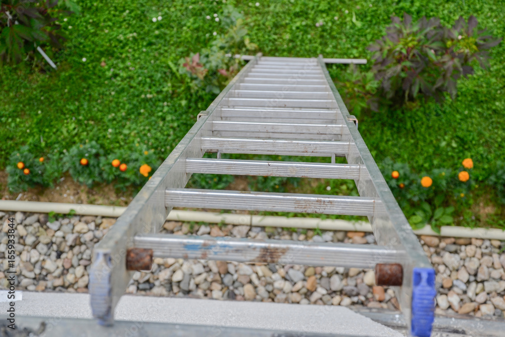 Top view of a long silver aluminum ladder leaning against the wall of ...