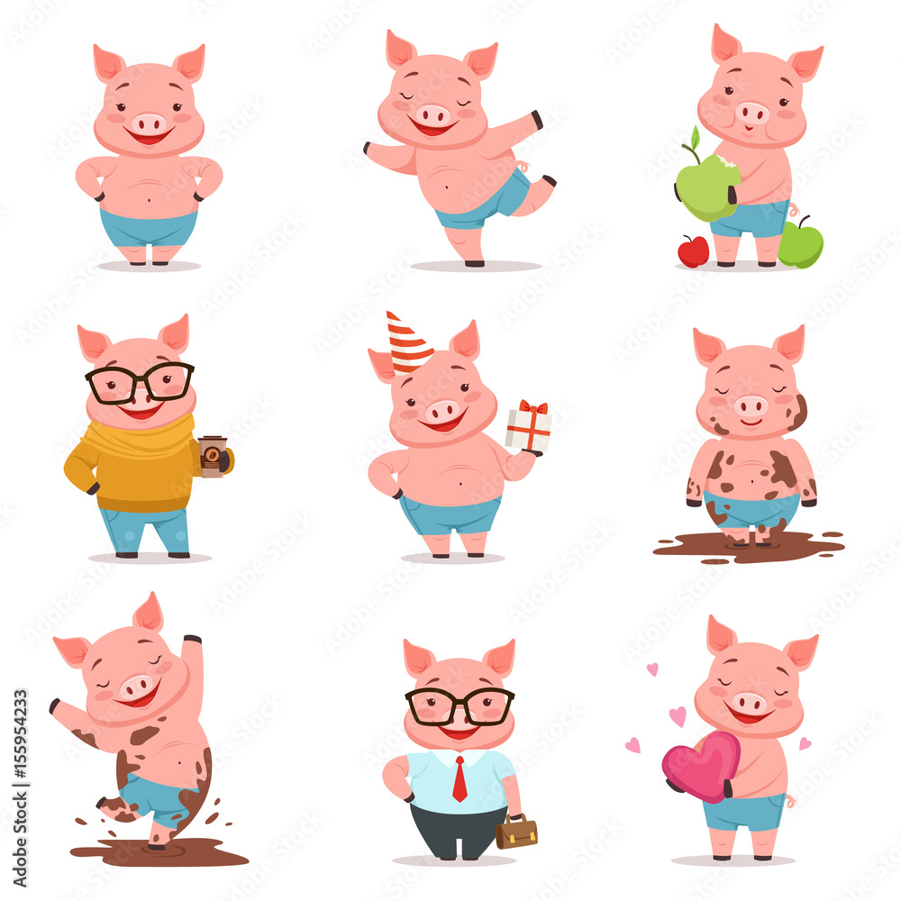 Little cartoon pigs characters posing in different situations set of ...