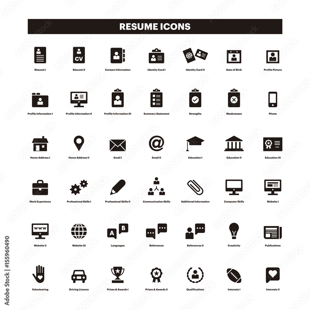 CV & Resumé black solid icons Stock Vector | Adobe Stock