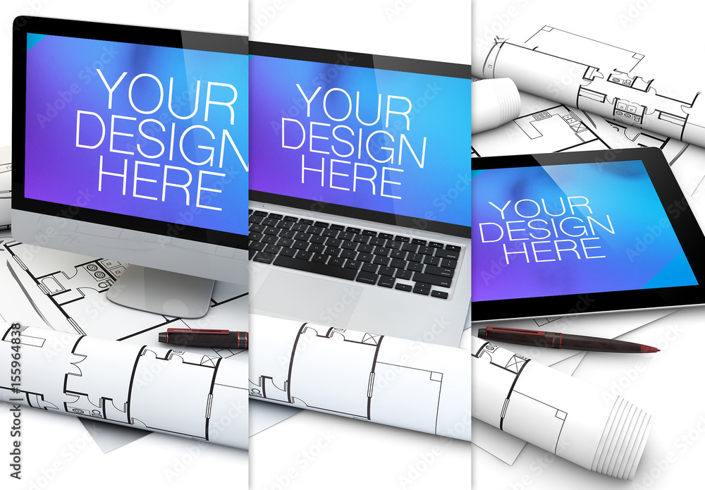 3-in-1 Device and Building Plan Mockup Stock Template | Adobe Stock