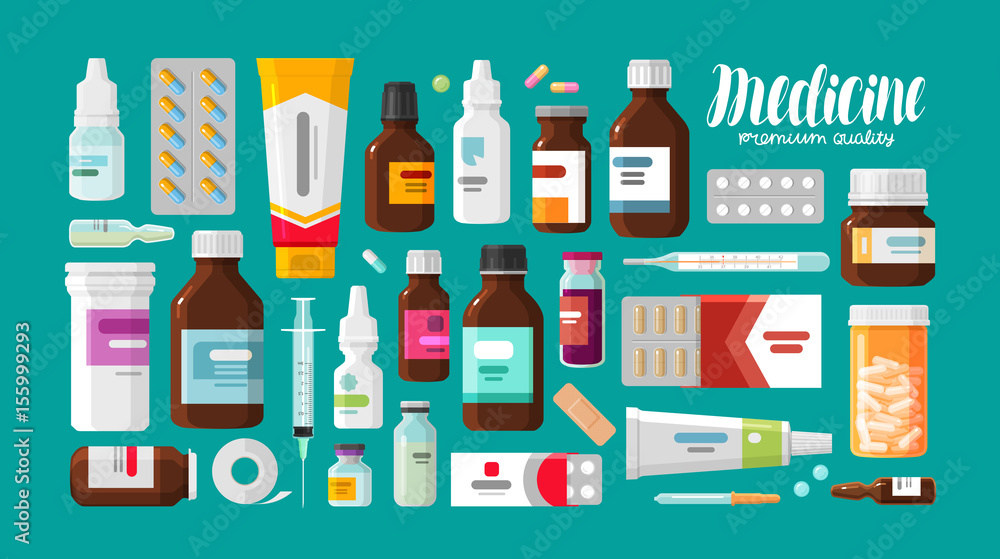 Medicine, pharmacy, hospital set of drugs with labels. Medication ...