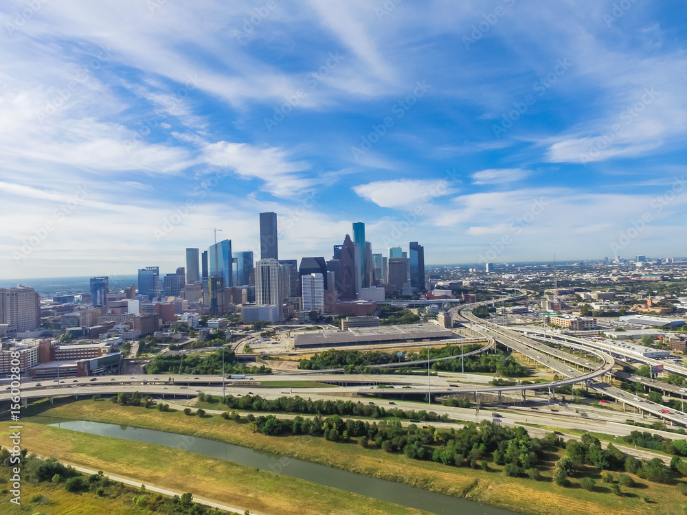 Aerial view Downtown with Interstate 10, 45 and Gulf freeway ...