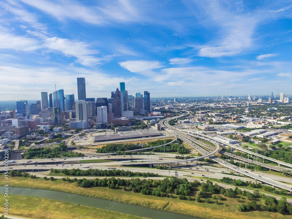 Aerial view Downtown with Interstate 10, 45 and Gulf freeway ...