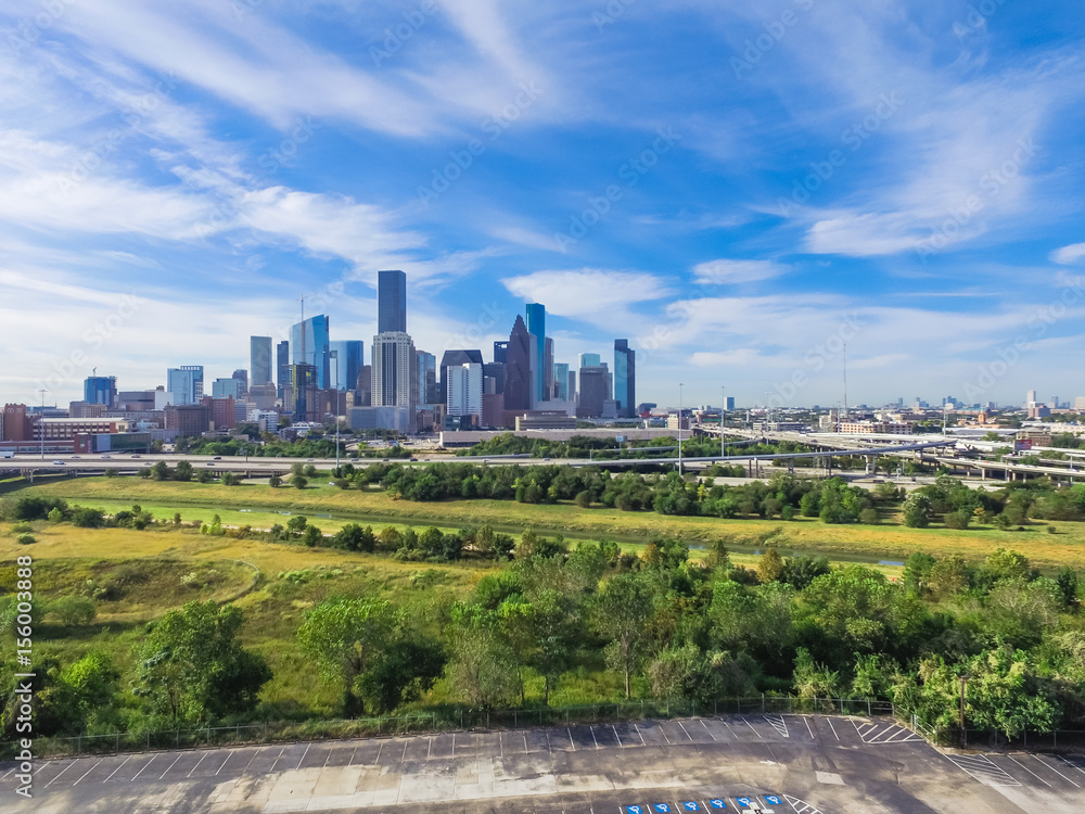 Aerial view Downtown with Interstate 10, 45 and Gulf freeway ...