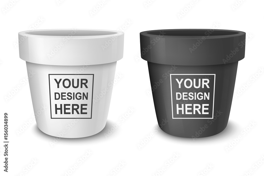 Realistic vector black and white empty flower pot set. Closeup isolated ...