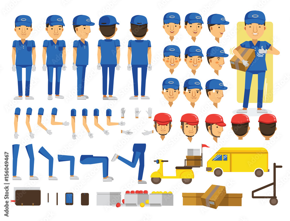 Delivery man character creation set.Icons with different types of faces ...