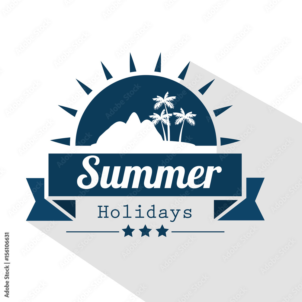 Blue summer holidays sign with sun, island silhouette and ribbon over ...