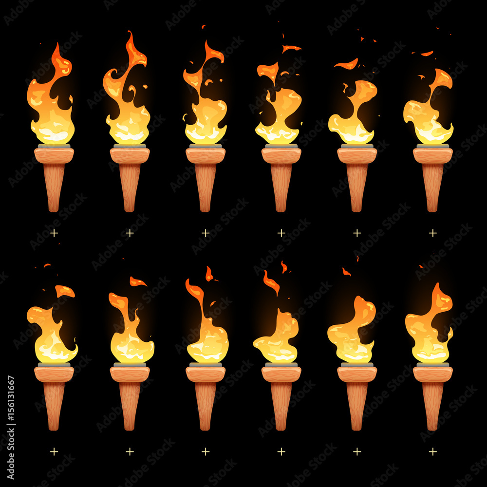 Torch animation with cartoon fire blaze sequence sprites vector set ...