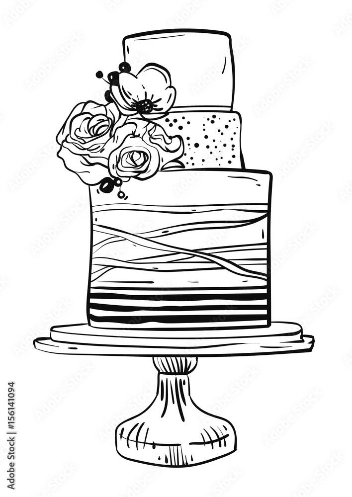 Hand drawn vector graphic illustration of big wedding cake with stripes ...