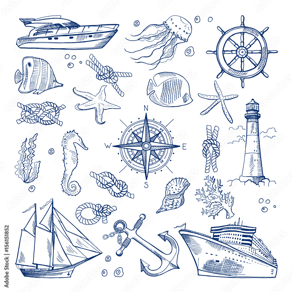 Sea or ocean underwater life with different animals and marine objects ...