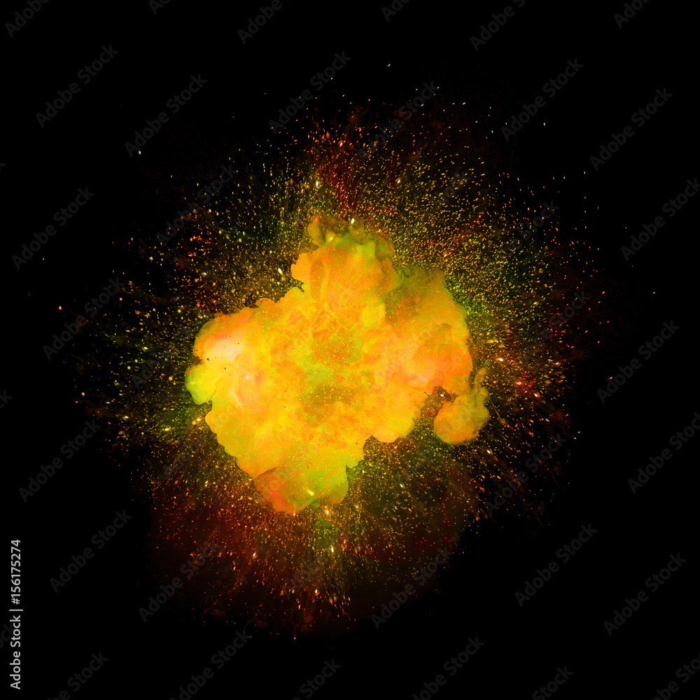 Realistic fire explosion, orange and green color with sparks isolated ...