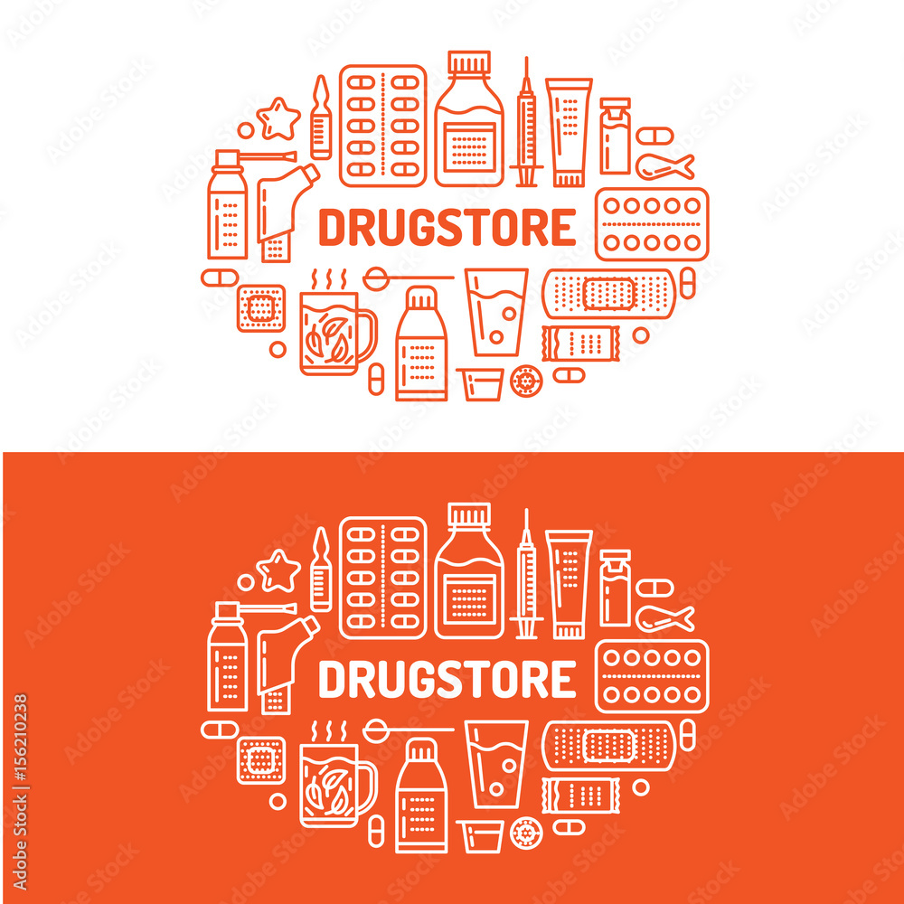 Medical, drugstore banner illustration. Pharmacy vector line icons ...