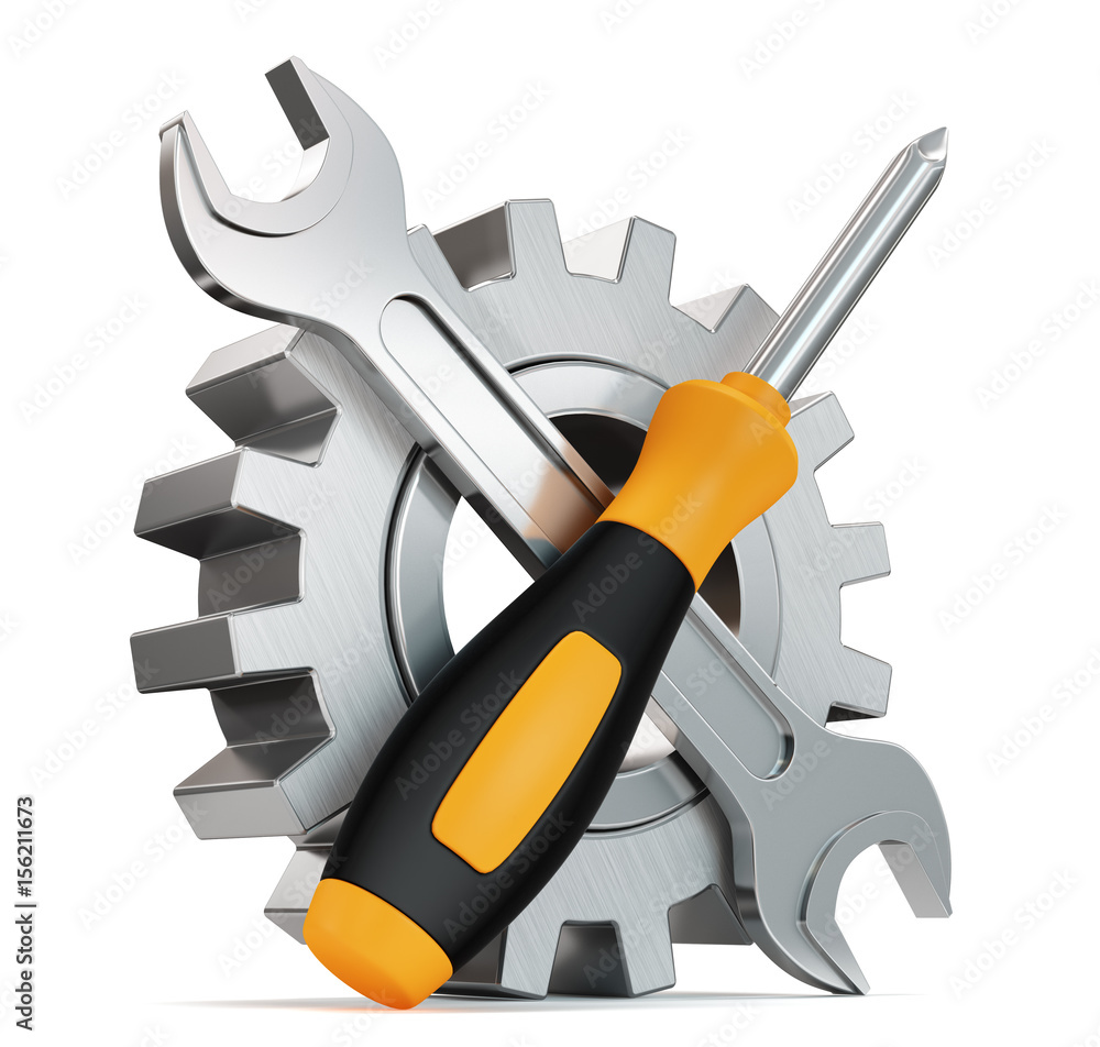 Gears and tools on a white background. 3d render illustration.Repair ...
