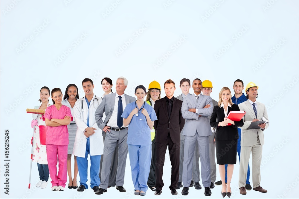 Worker from different professions against blue background Stock Photo ...