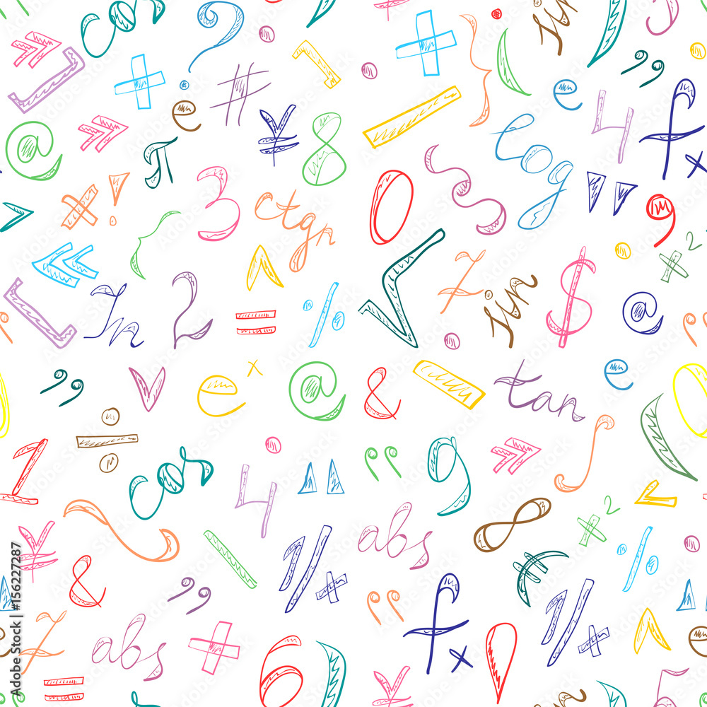 Seamless Pattern of Colorful Hand Drawn Doodle Symbols and Numbers ...