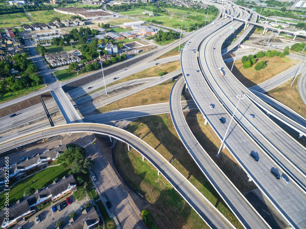 Aerial view massive interstate I69 highway intersection, stack ...