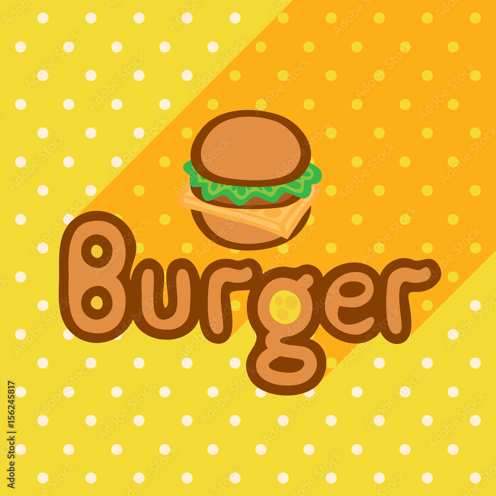 Vector poster in flat style with burger on the background of the yellow ...