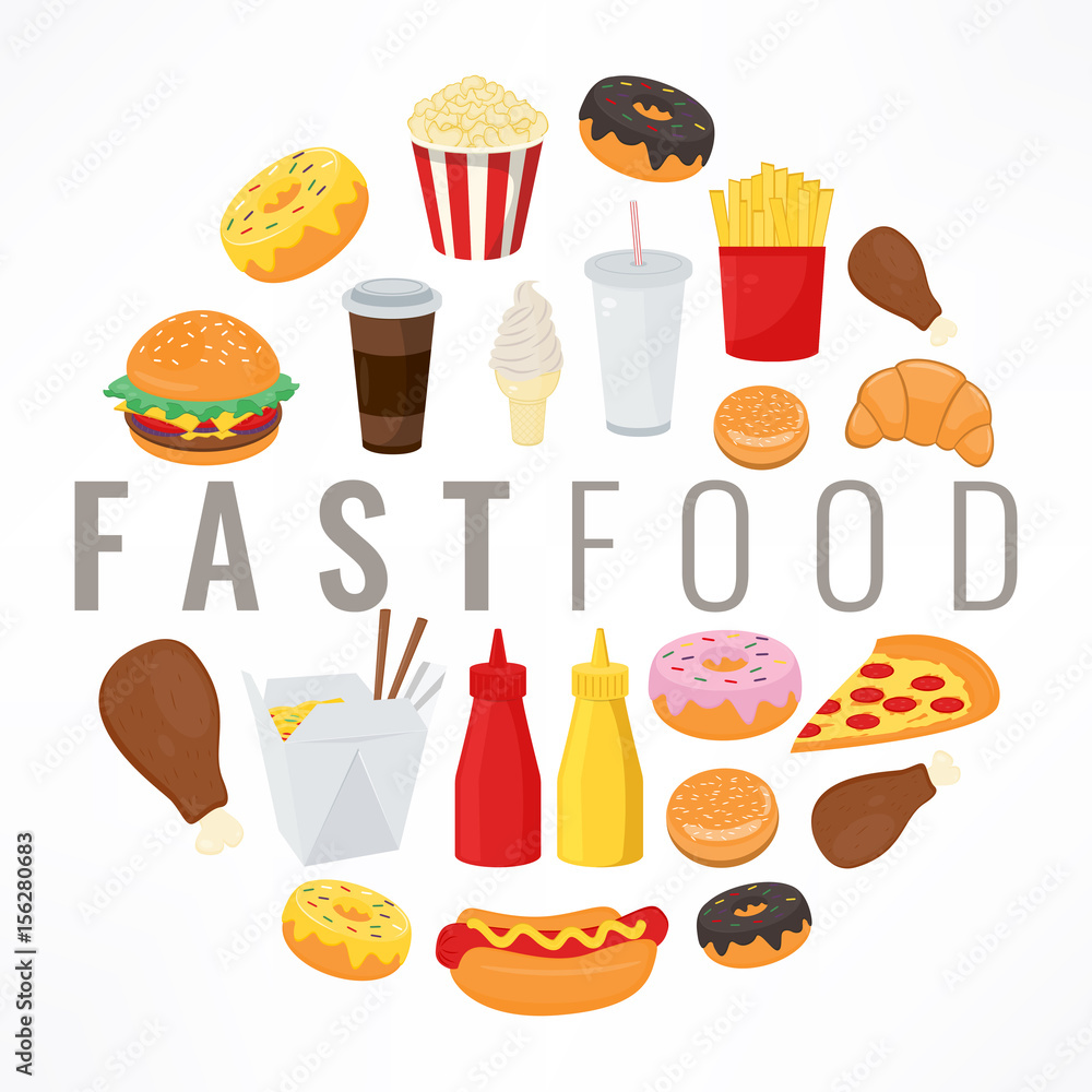Fast food background with colorful food icons. Tasty food concept ...