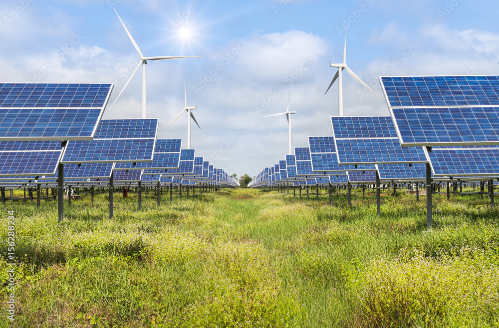 solar cell and wind turbines generating electricity in power station ...