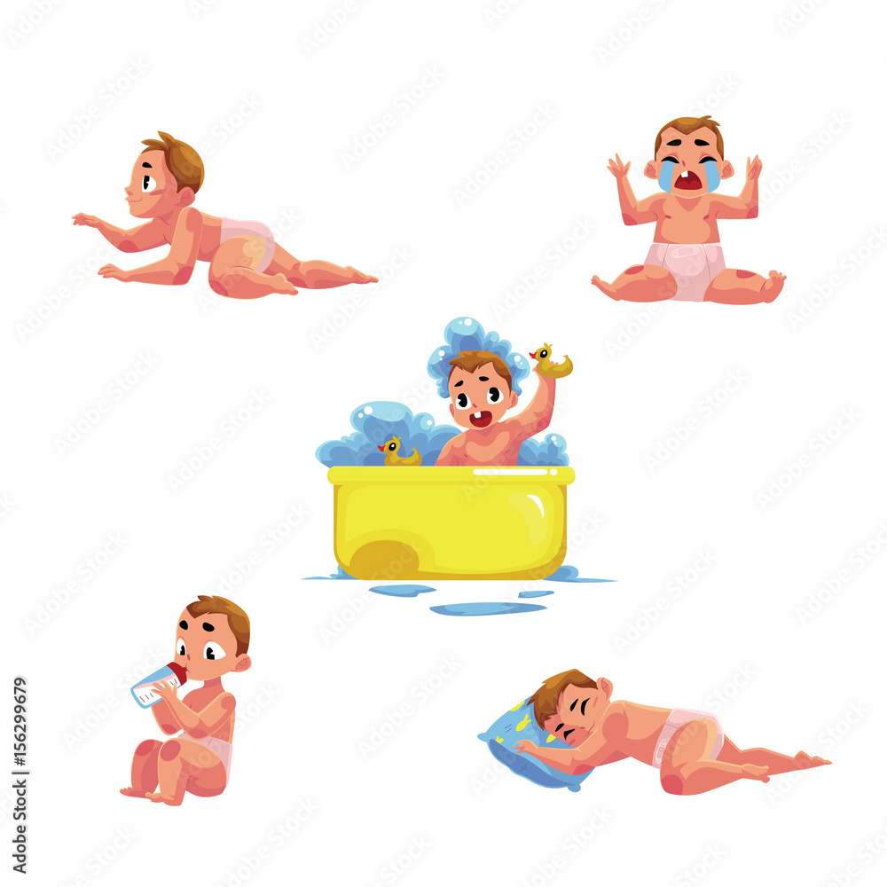 Little baby kid, infant daily routine - eat, sleep, take bath, cry ...