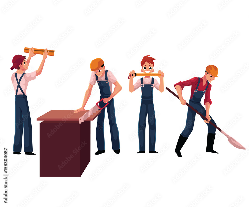 Construction workers, builders wearing helmets and overalls, sawing ...