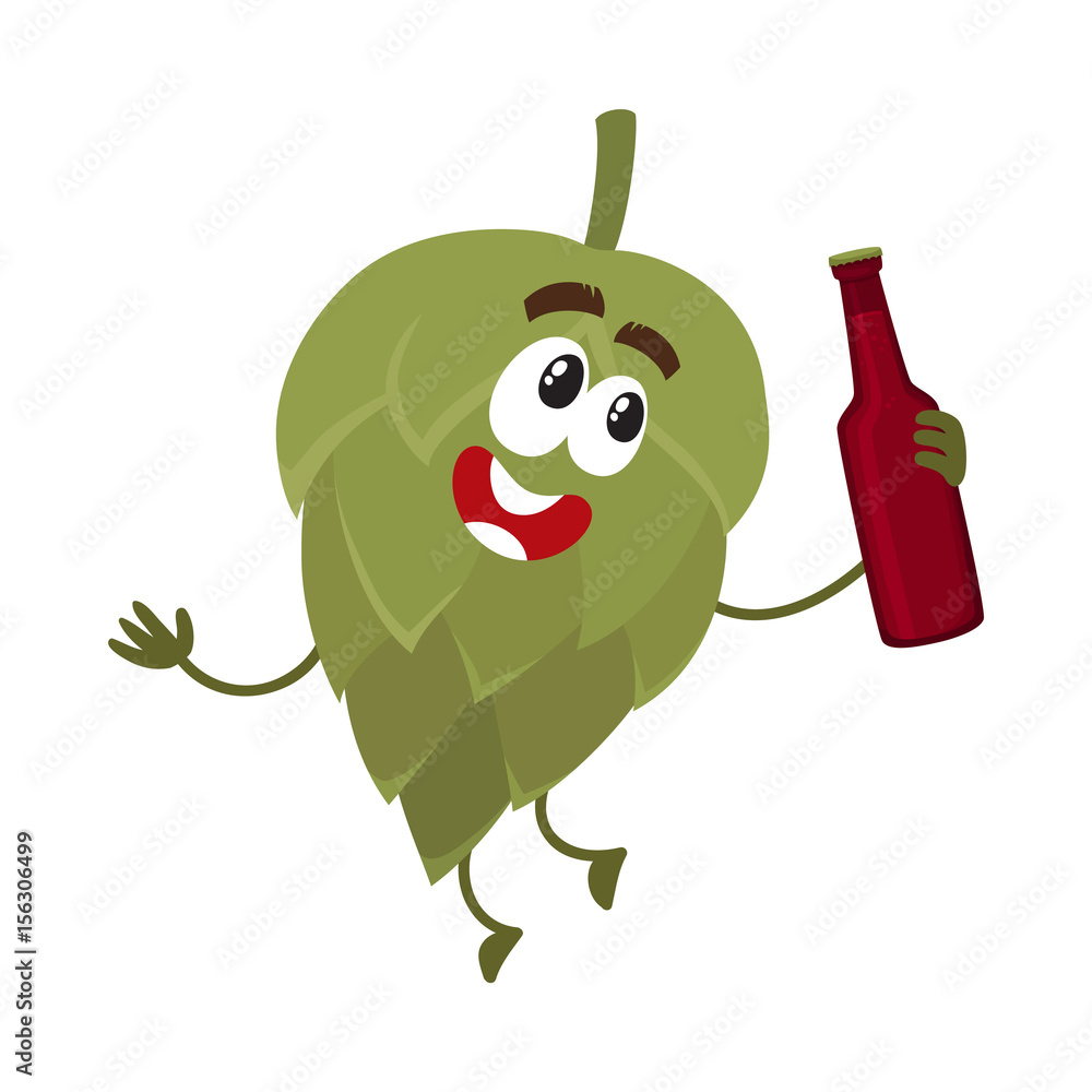Funny beer hop character with smiling human face holding dark beer ...