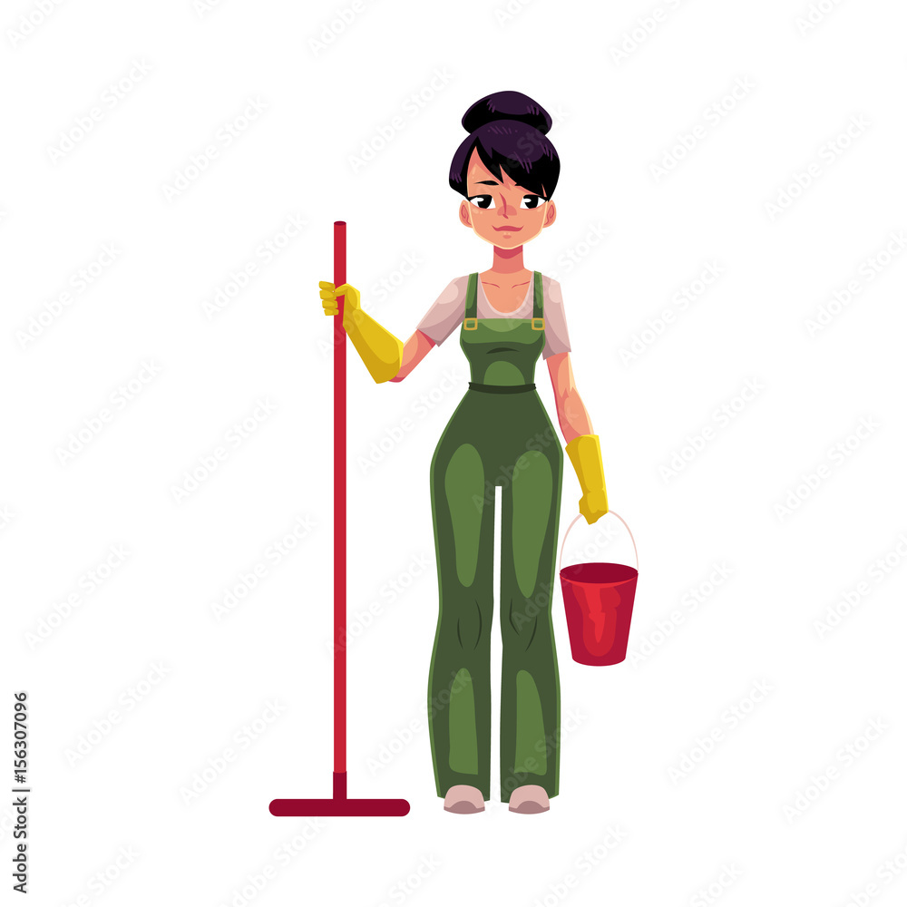 Cleaning service girl, charwoman, cleaner in overalls holding mop and ...