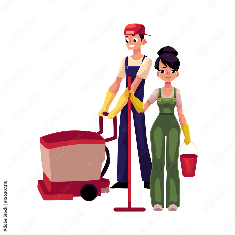 Service workers in overalls, girl with mop and bucket, man, boy using ...