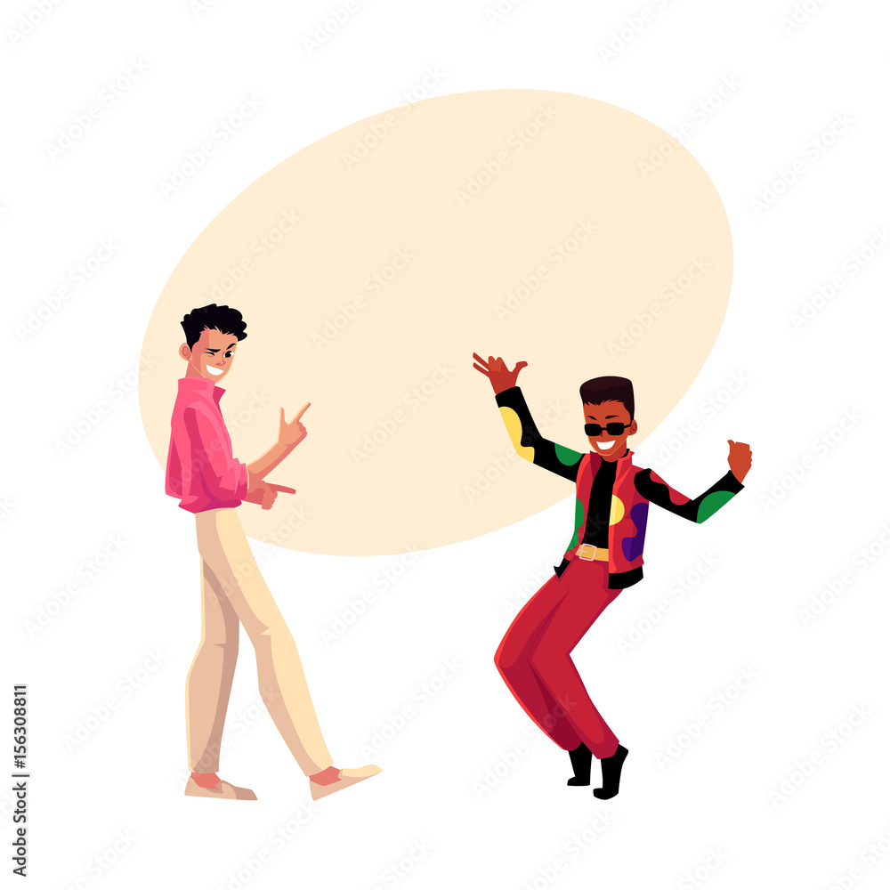 Two men, guys, Caucasian and black, in 1980s style clothes dancing ...
