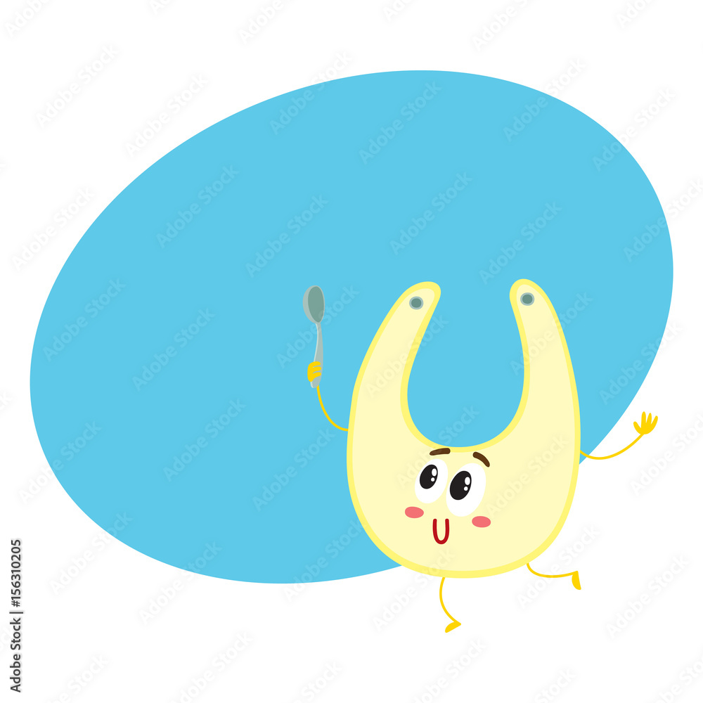 Cute and funny baby bib character with human face holding spoon ...