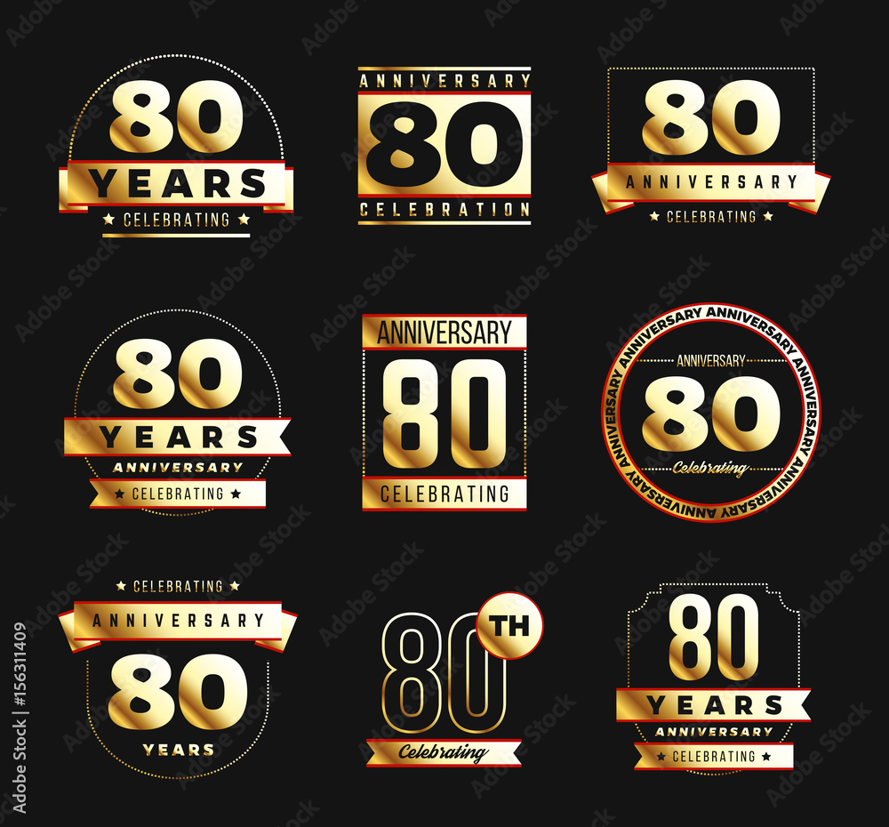 80th anniversary logo set with gold elements. Vector illustration ...